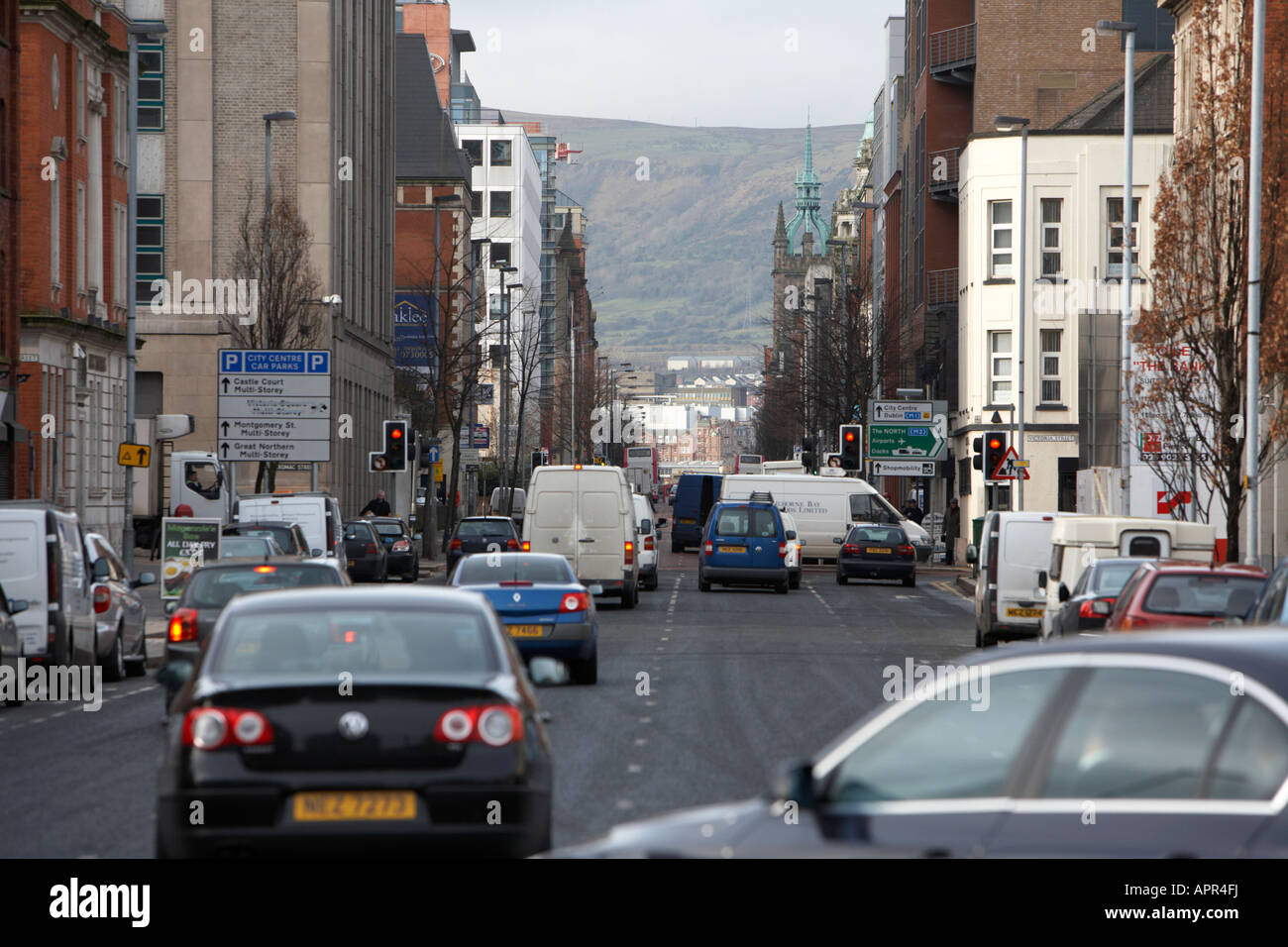 looking up May Street through traffic towards black mountain Belfast ...