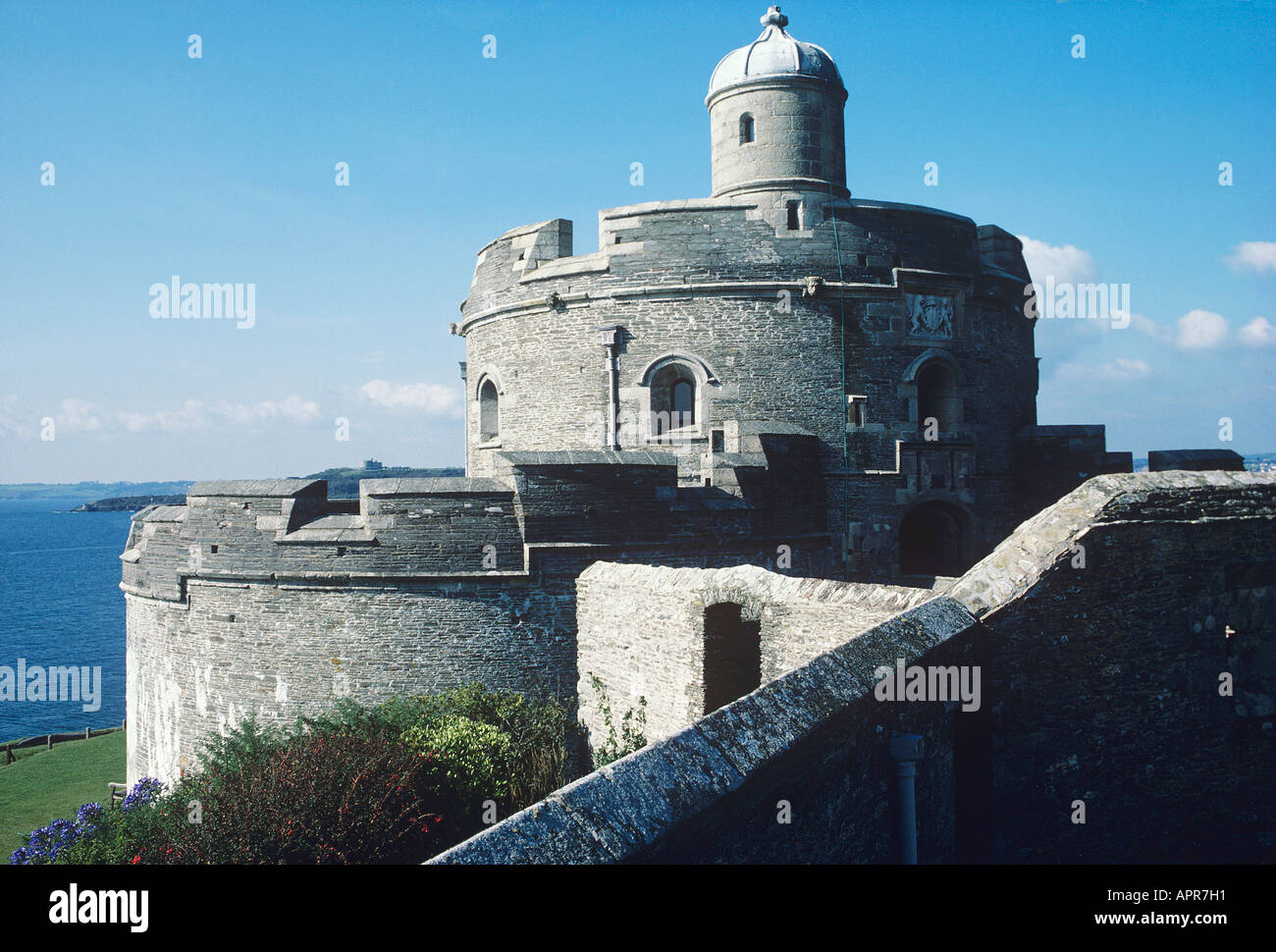 View of the rounded turrets of St Mawes Castle overlooking the entrance ...