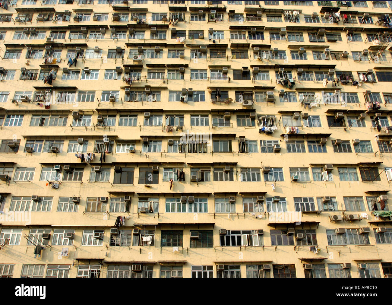 Detail of densely populated old apartment buildings in Kowloon Hong ...