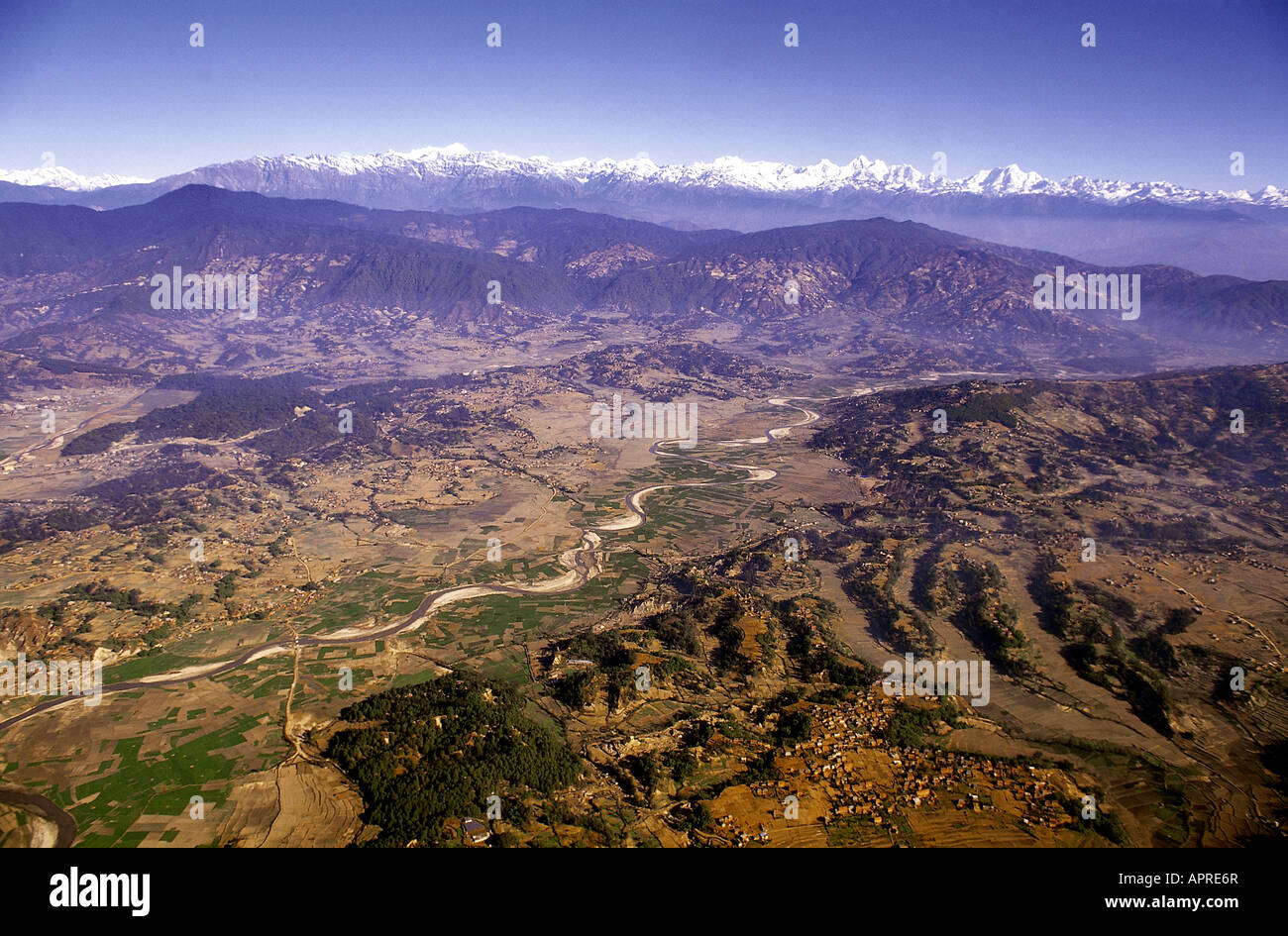 Kathmandu Valley and the Himalayan mountain range, aerial view, seen ...