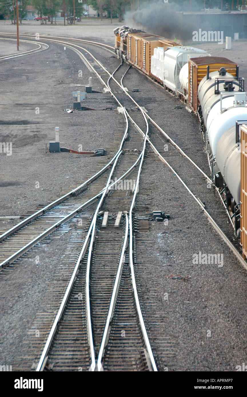 Railroad train yard with sidings and switchers and engines and cars and ...
