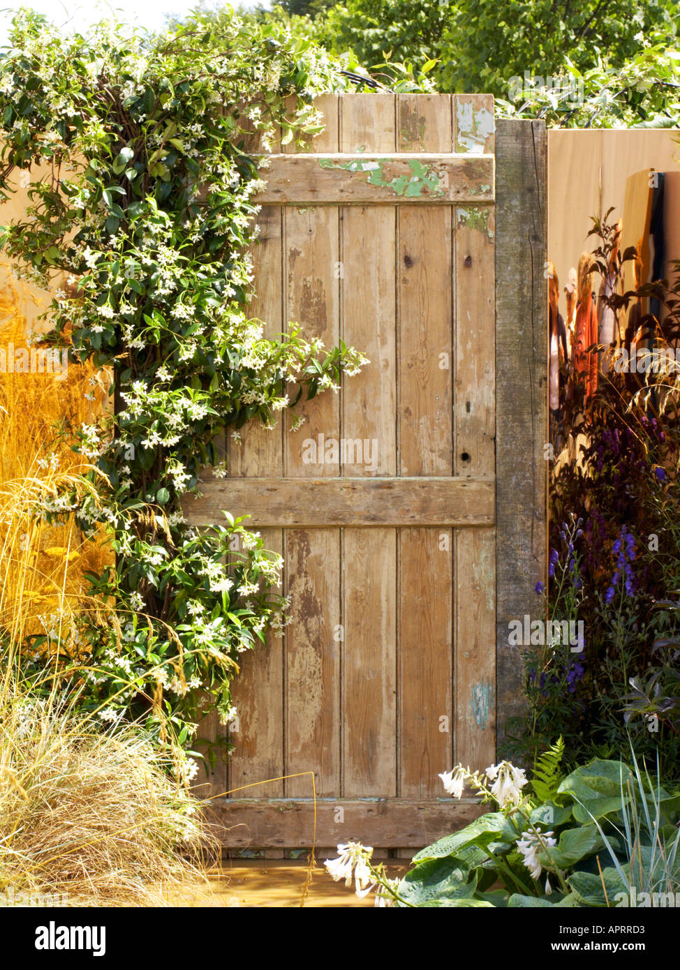 old wooden gate with planting around the walls Tatton Flower Show Stock ...