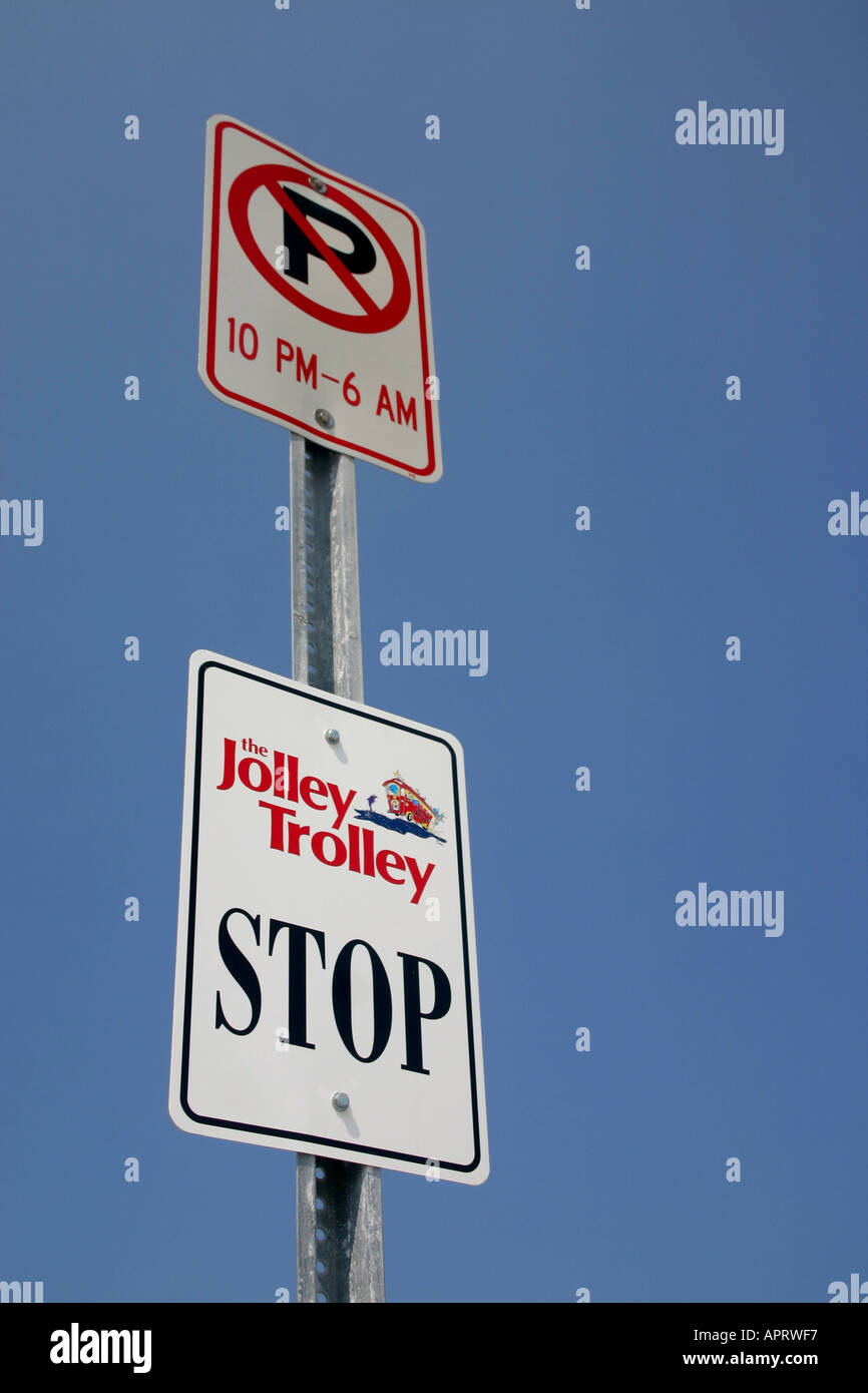 No Parking Restriction and Jolley Trolley Stop Sign Clearwater Beach ...