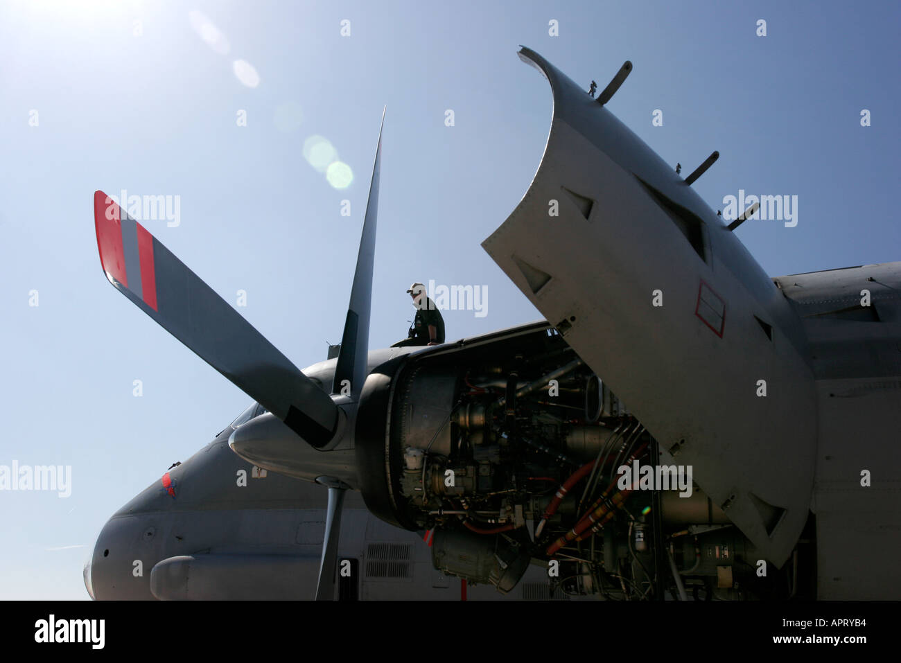 Front end of an Atlantique aircraft with airman watching flying display ...