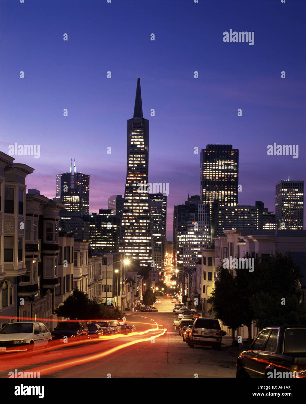 Transamerica pyramid building at night, San Francisco, California, USA ...