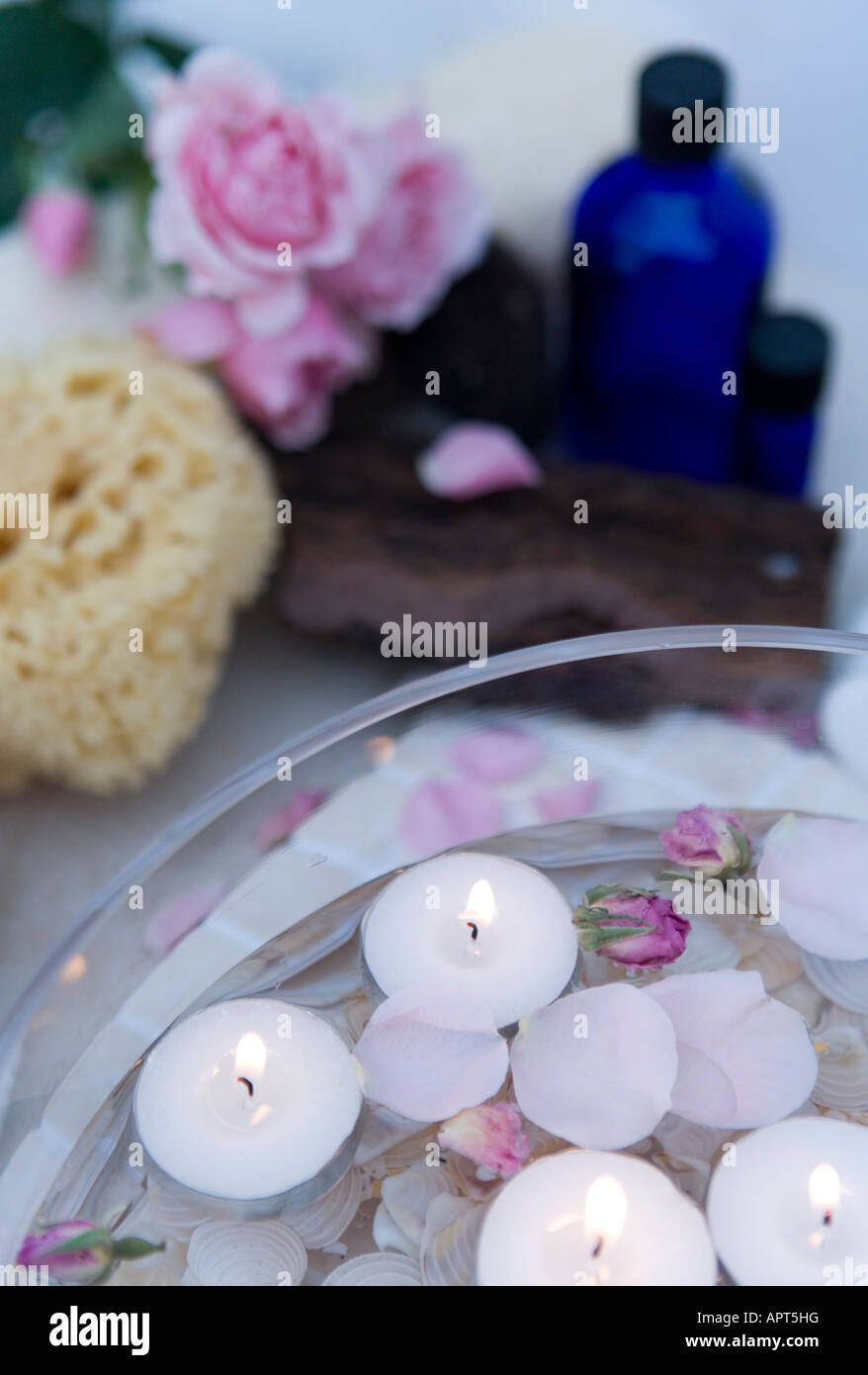 Natural health and beauty: Essential oils, roses, natural sponge Stock ...