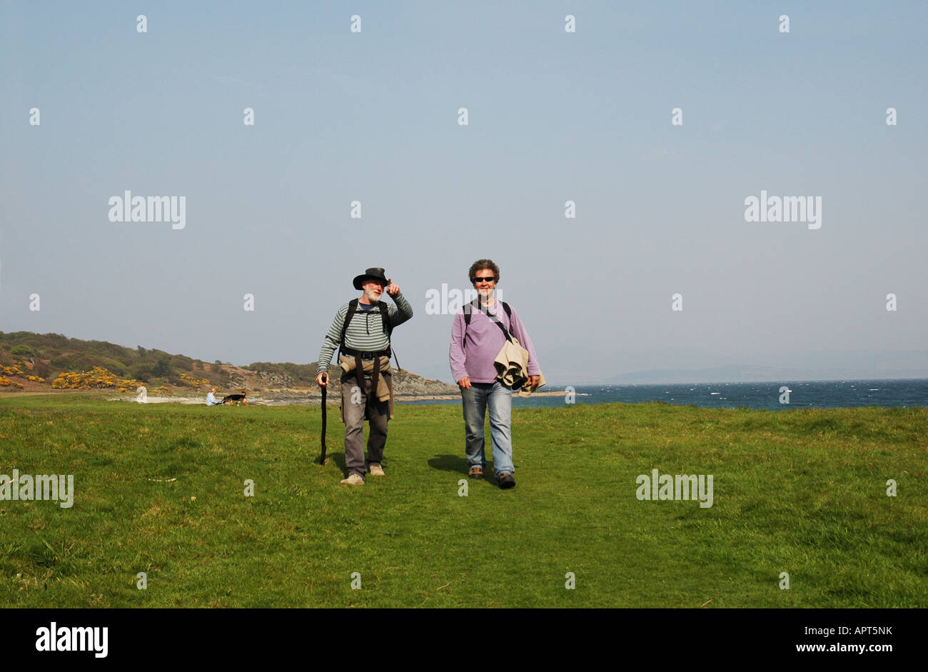 Two male Ramblers walking at Saddell on the west coast of Scotland, UK ...
