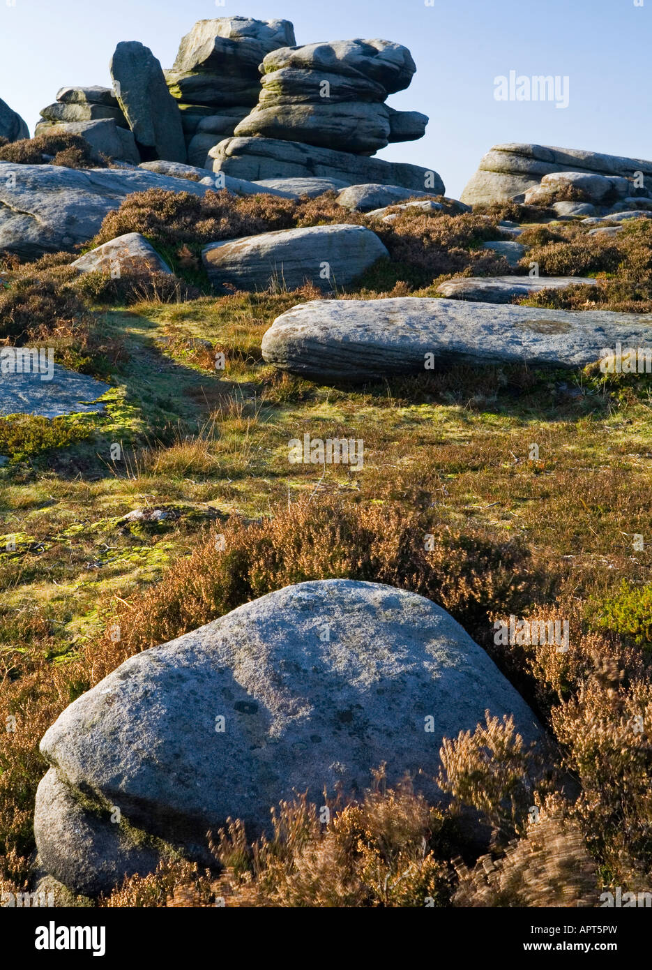 Close up view of rock formation on Hathersage Moor in the Peak District ...