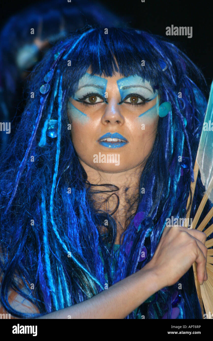 cose up full front face shot of a Ballet dancer with long blue hair and ...