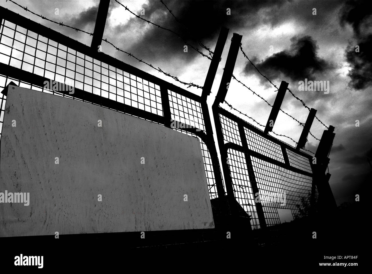 barbed wire security fence blank sign Stock Photo - Alamy