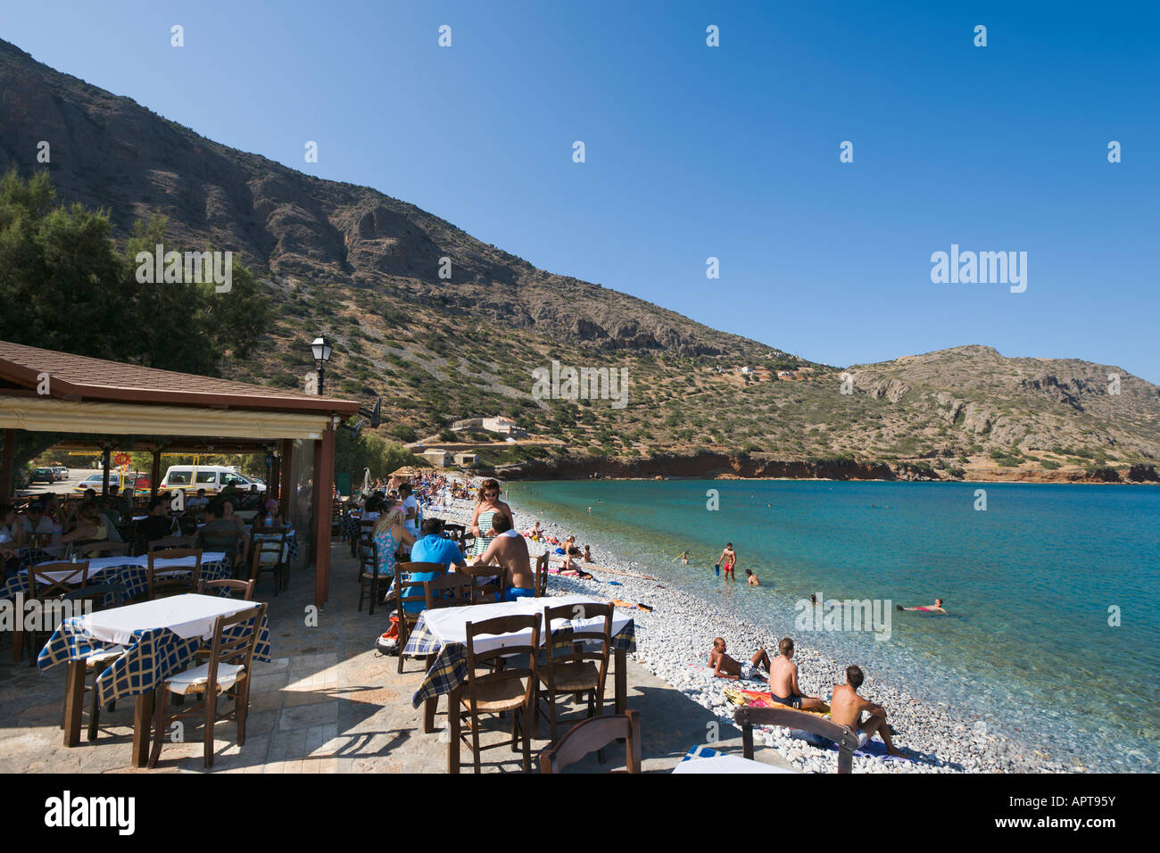 Beachfront taverna, Plaka, near Elounda, Lasithi Province, North Coast ...