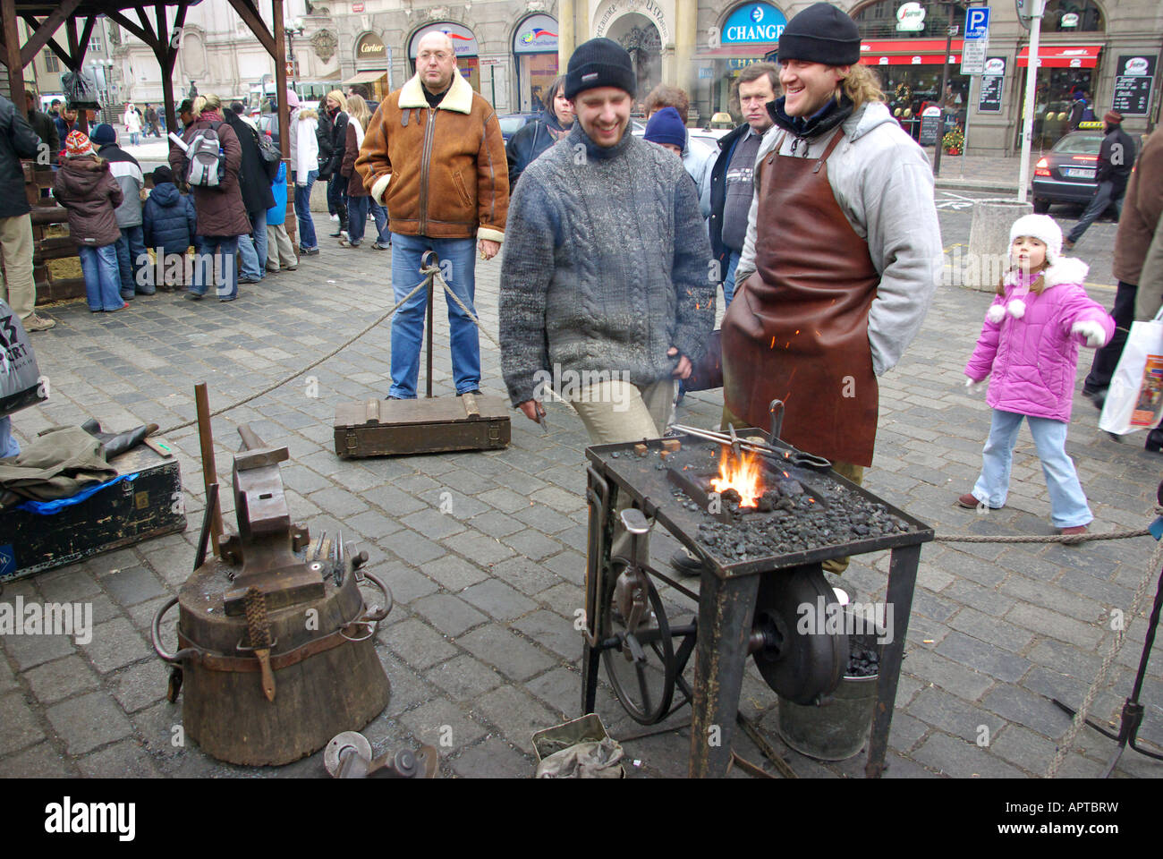 Old Town Square, Prague, blacksmith display at Christmas Market. Two ...