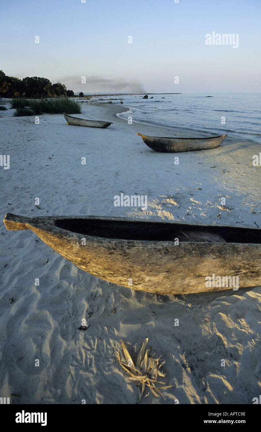 Malawi East Africa Lake Malawi Dugout canoe on beach of Chintheche on ...