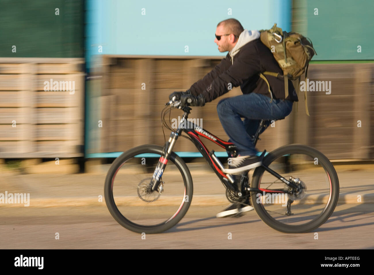 Shaven headed man with sunglasses and rucksack riding mountain bike ...