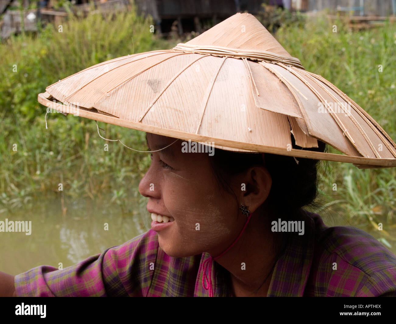 Shan woman on Inle Lake in Myanmar with traditional bamboo hat Stock ...