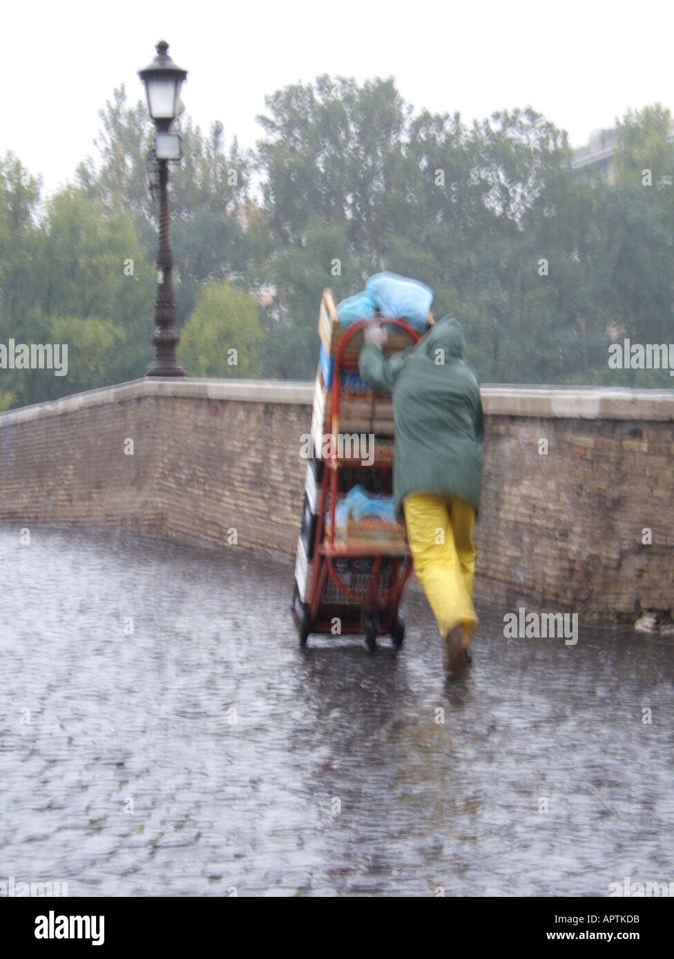 worker pushing heavy trolley in rain Stock Photo - Alamy