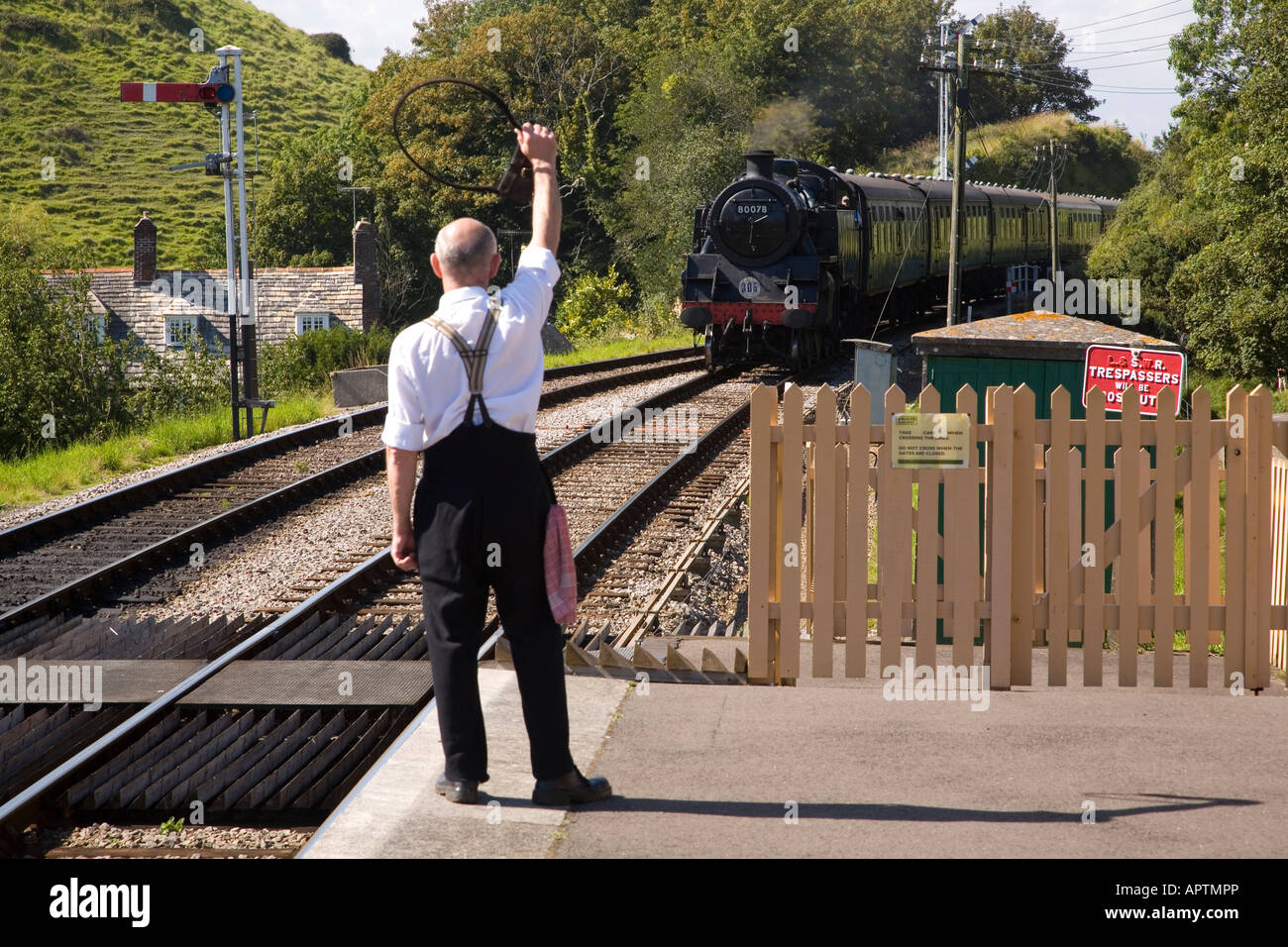 Single line working at Corfe Castle station Stock Photo - Alamy