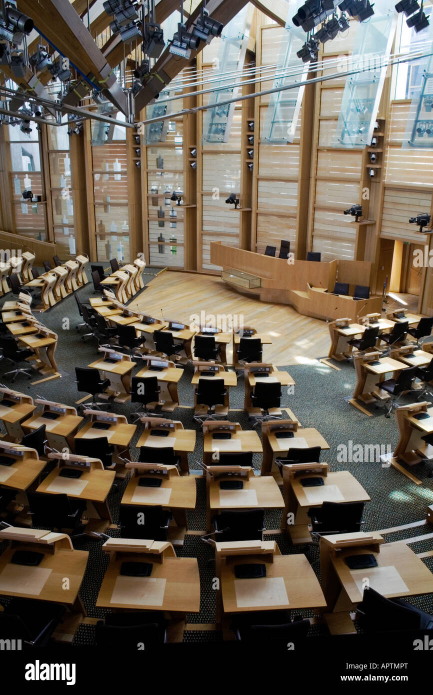 The debating chamber in the Scottish parliament building Holyrood ...