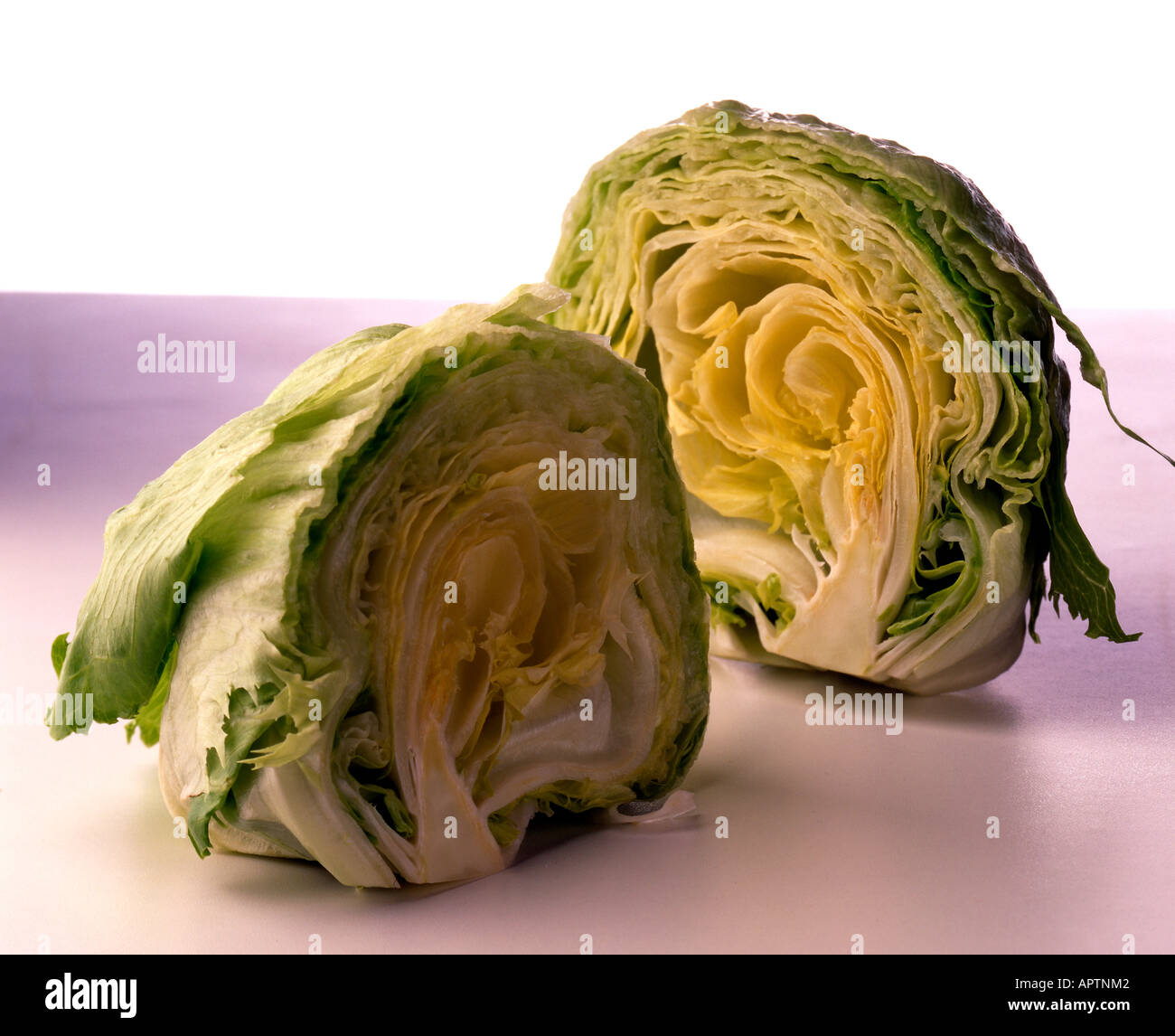 Iceberg lettuce cut in half on white purple b/g Stock Photo - Alamy