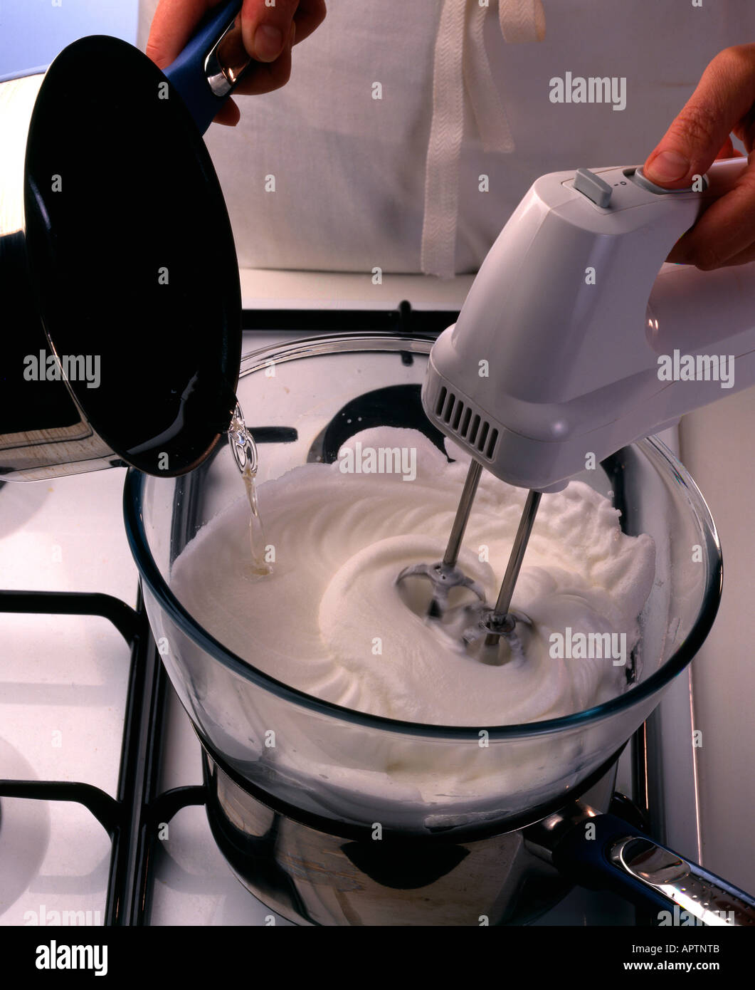 Steps to making Italian meringue, gradually pouring hot syrup into ...