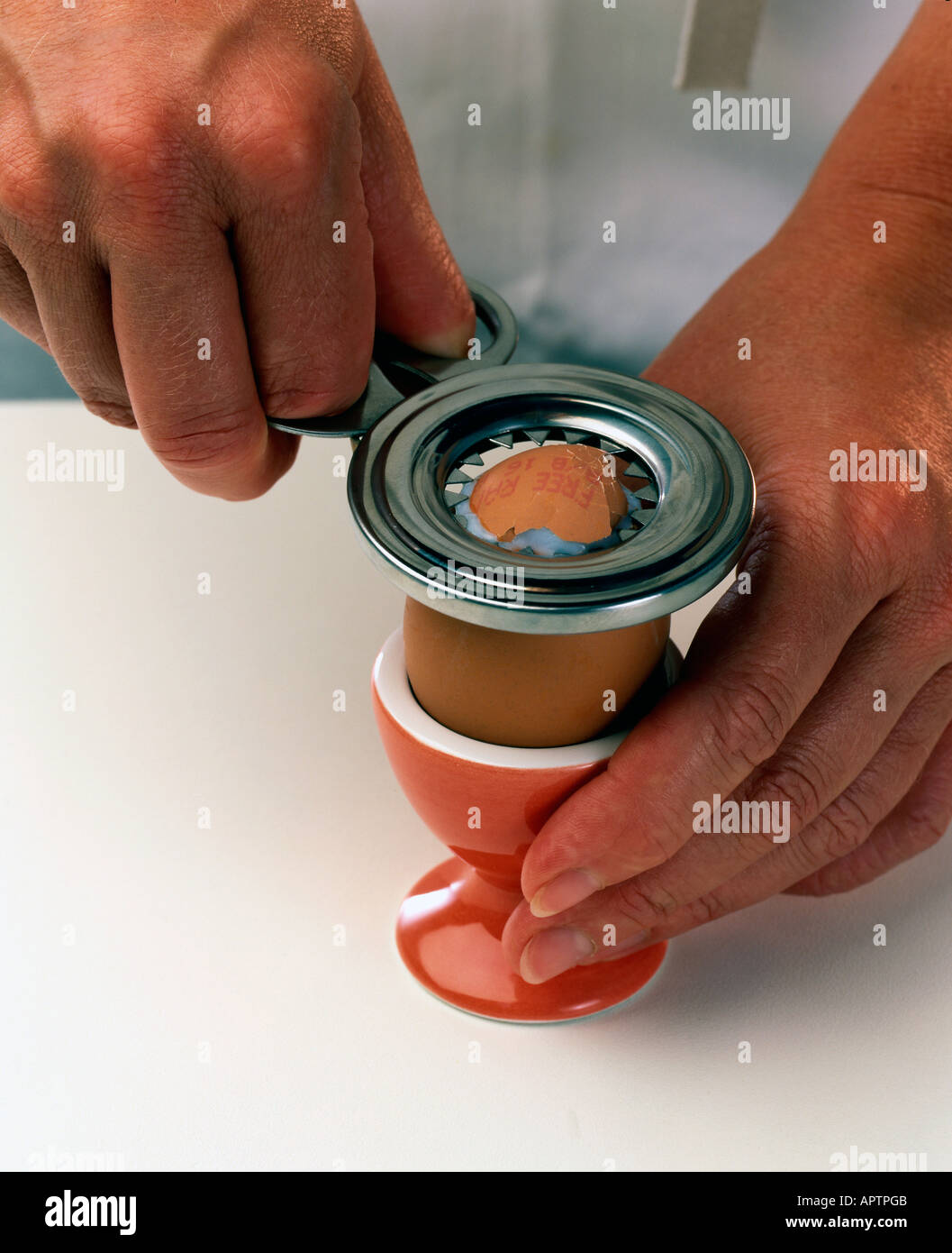 Cutting top off boiled egg with egg scissor cutter Stock Photo - Alamy