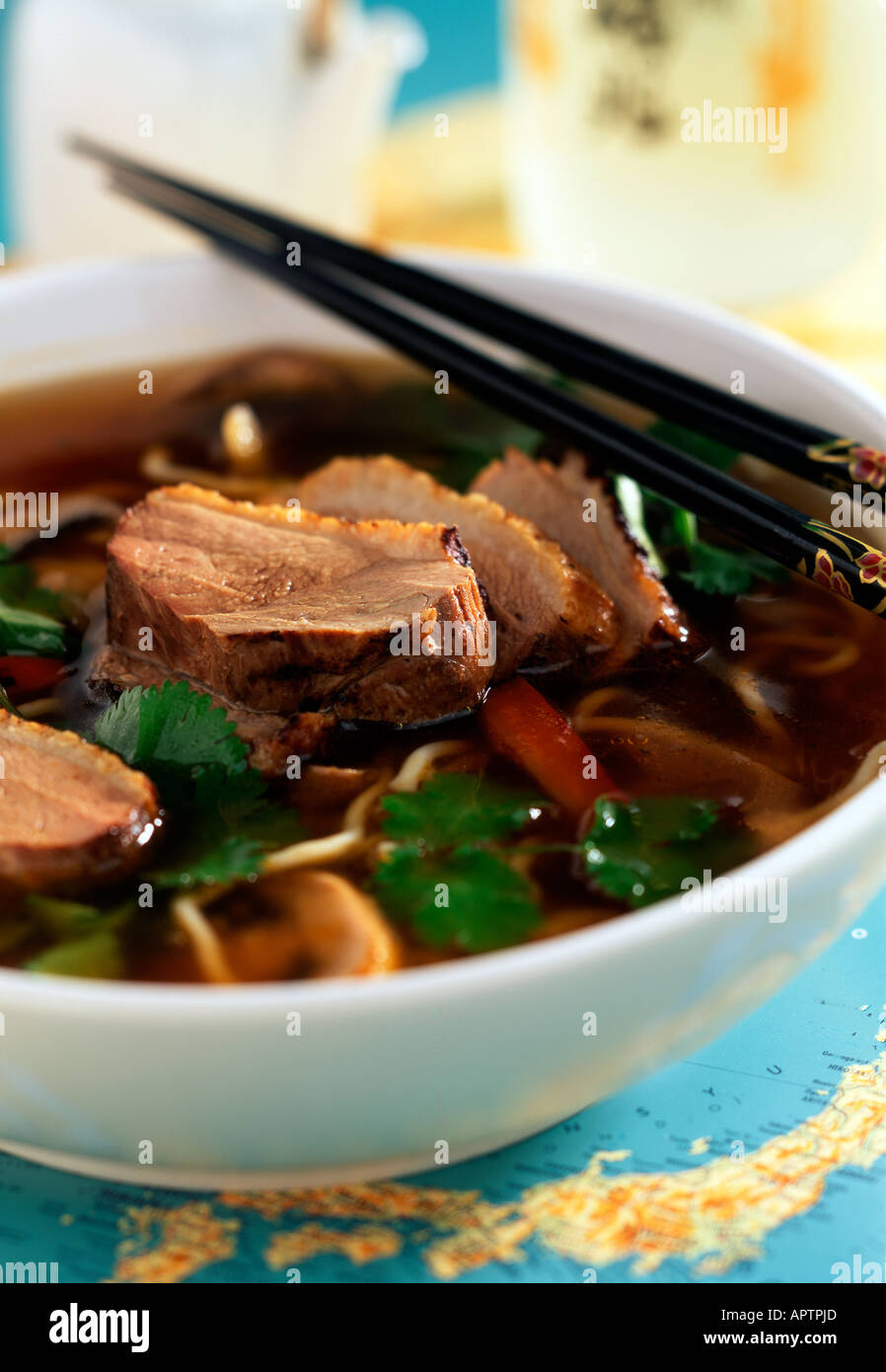 Chinese duck and vegetable soup with slices of roasted duck fillet ...