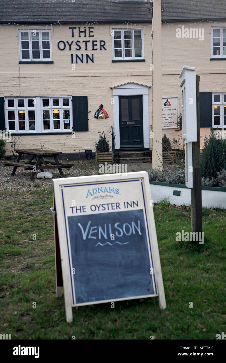 Venison on blackboard menu outside pub, The Oyster Inn, Butley, Suffolk ...