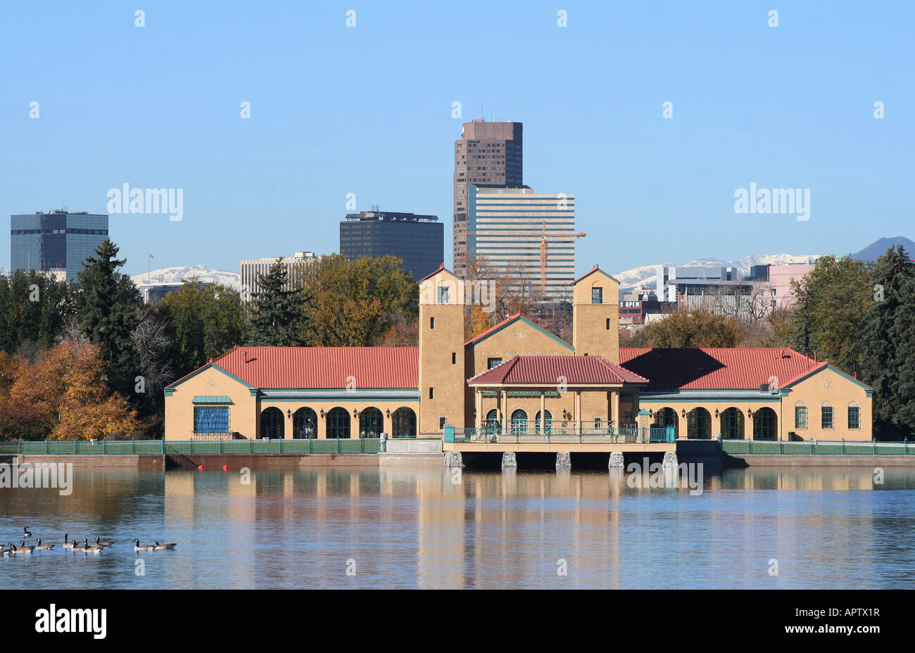 Denver skyline Boat pavillon Ferril Lake City Park Colorado October ...