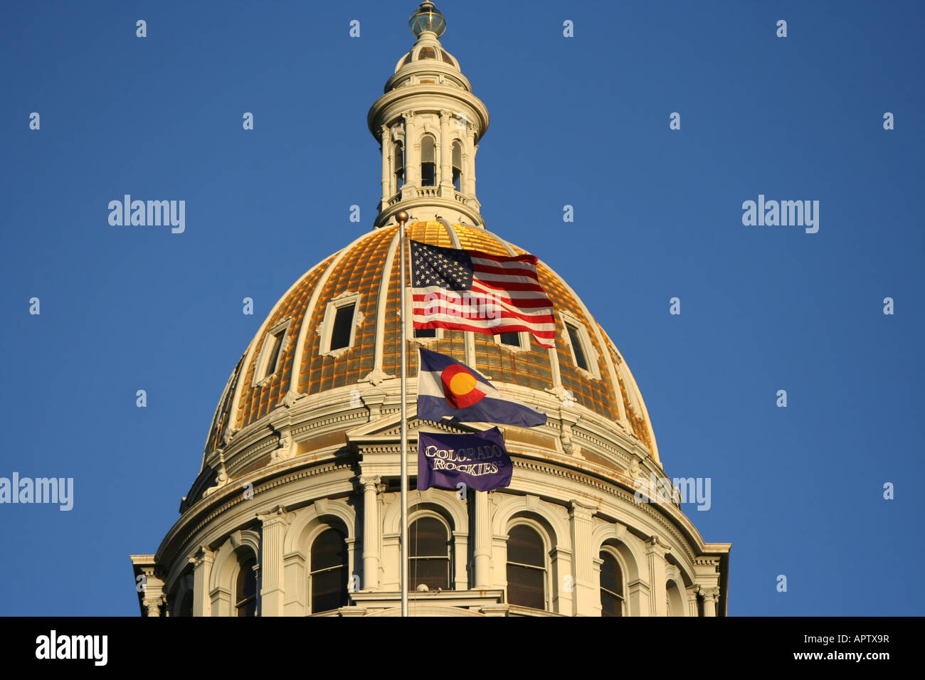 Flags and golden dome of Colorado State Capitol Building in Denver ...