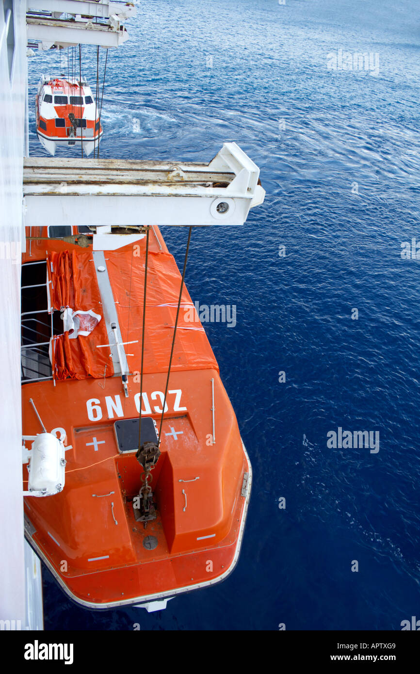 Lifeboats being lowered into the water and launched from a cruise ship ...