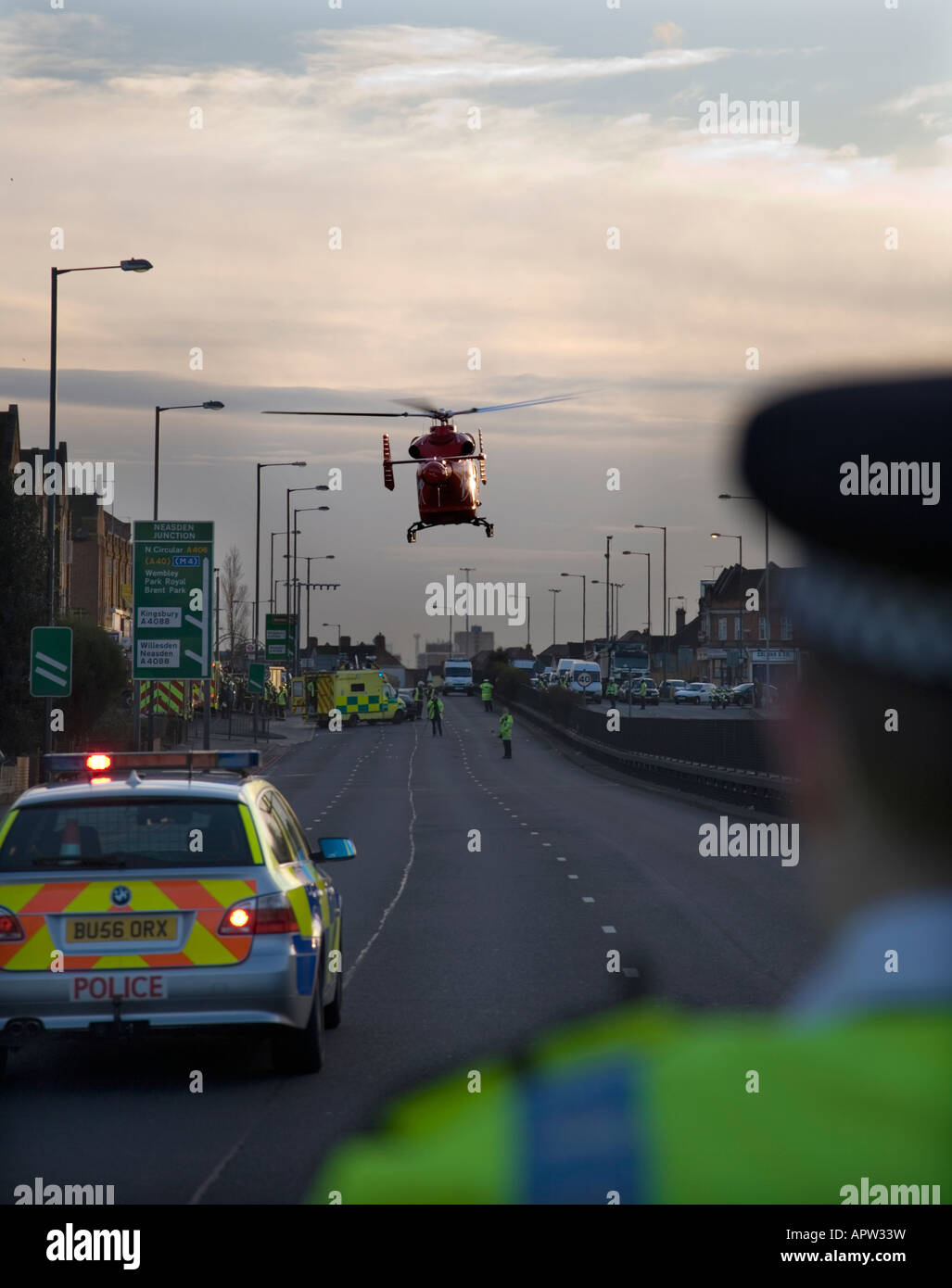 London Air Ambulance helicopter attending road traffic accident on the ...