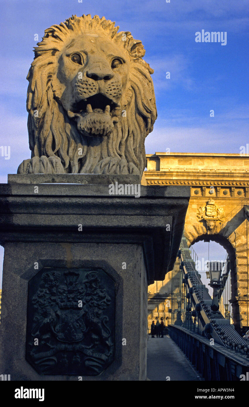 Chain Bridge with Lion, Budapest, Hungary, Europe Stock Photo - Alamy