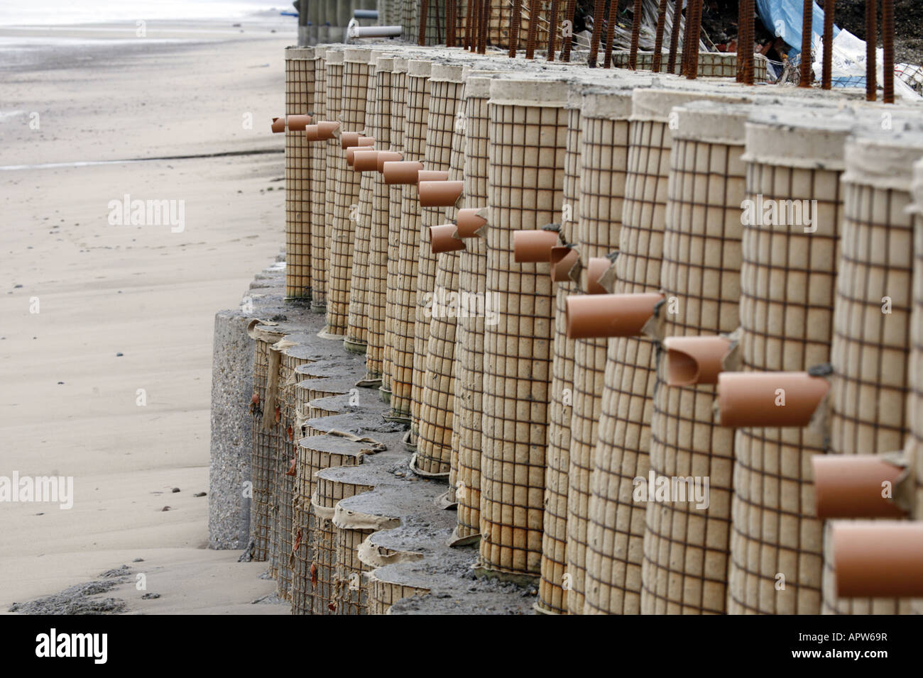 Sea defenses at Galleon Beach, Yorkshire being installed Stock Photo ...
