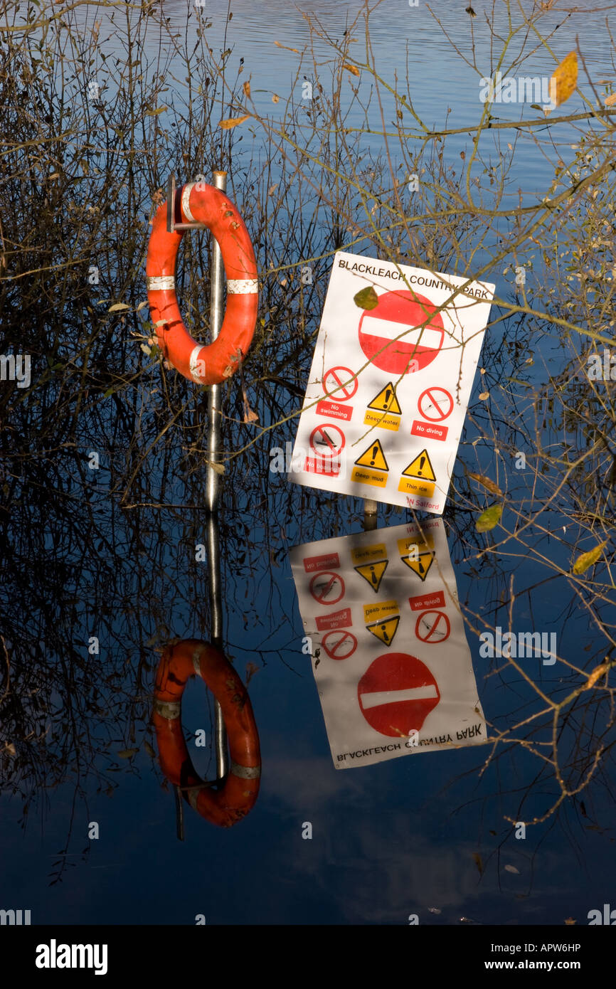 Blackleach Country Park reservoir with lifebuoy and warning sign ...