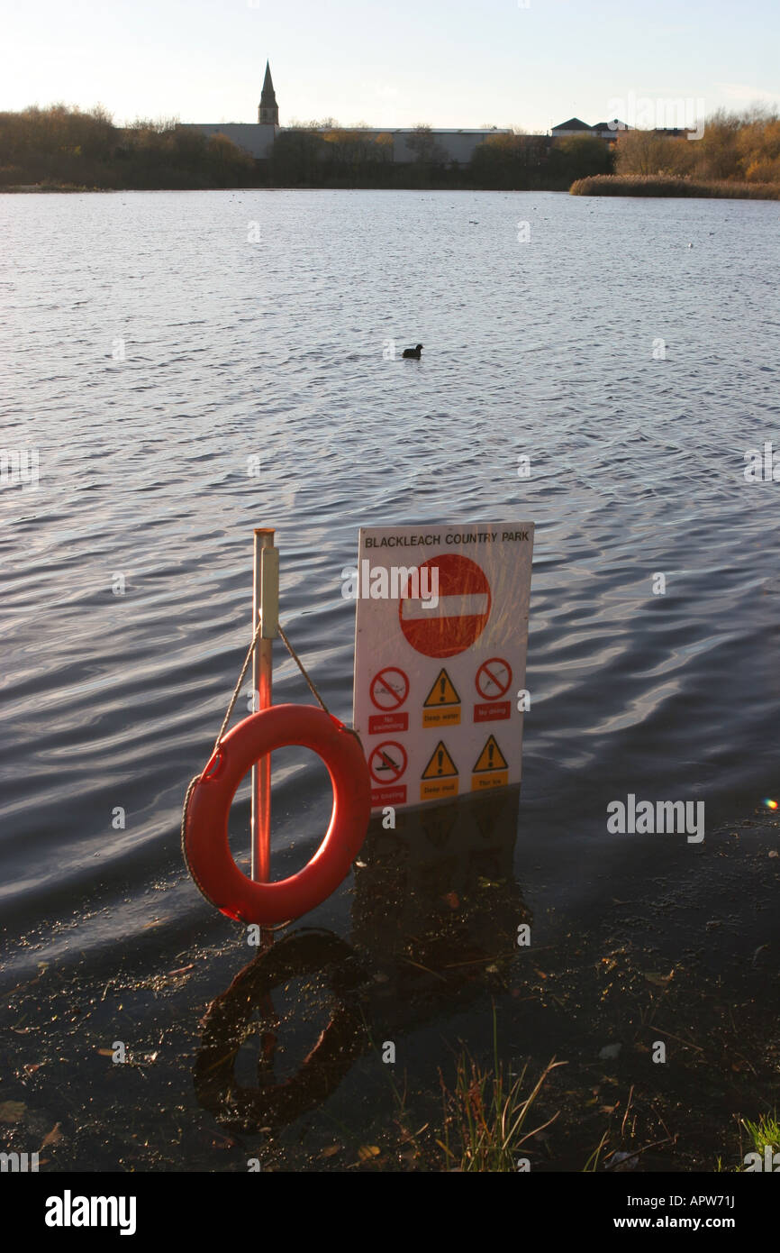 Blackleach Country Park reservoir with lifebuoy and warning sign ...
