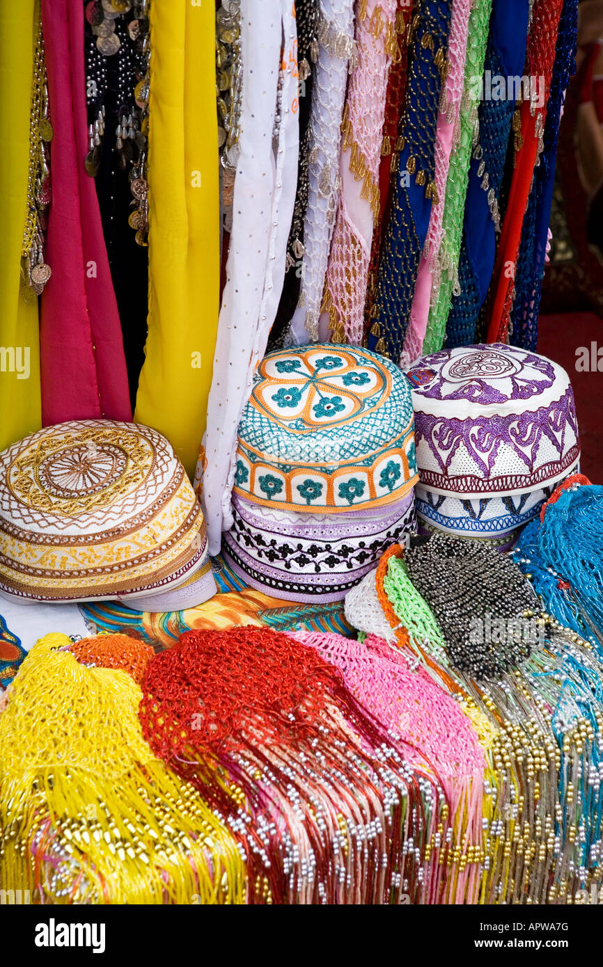 Selection of colourful hats and scarfs for sale at the Old Market Sharm ...