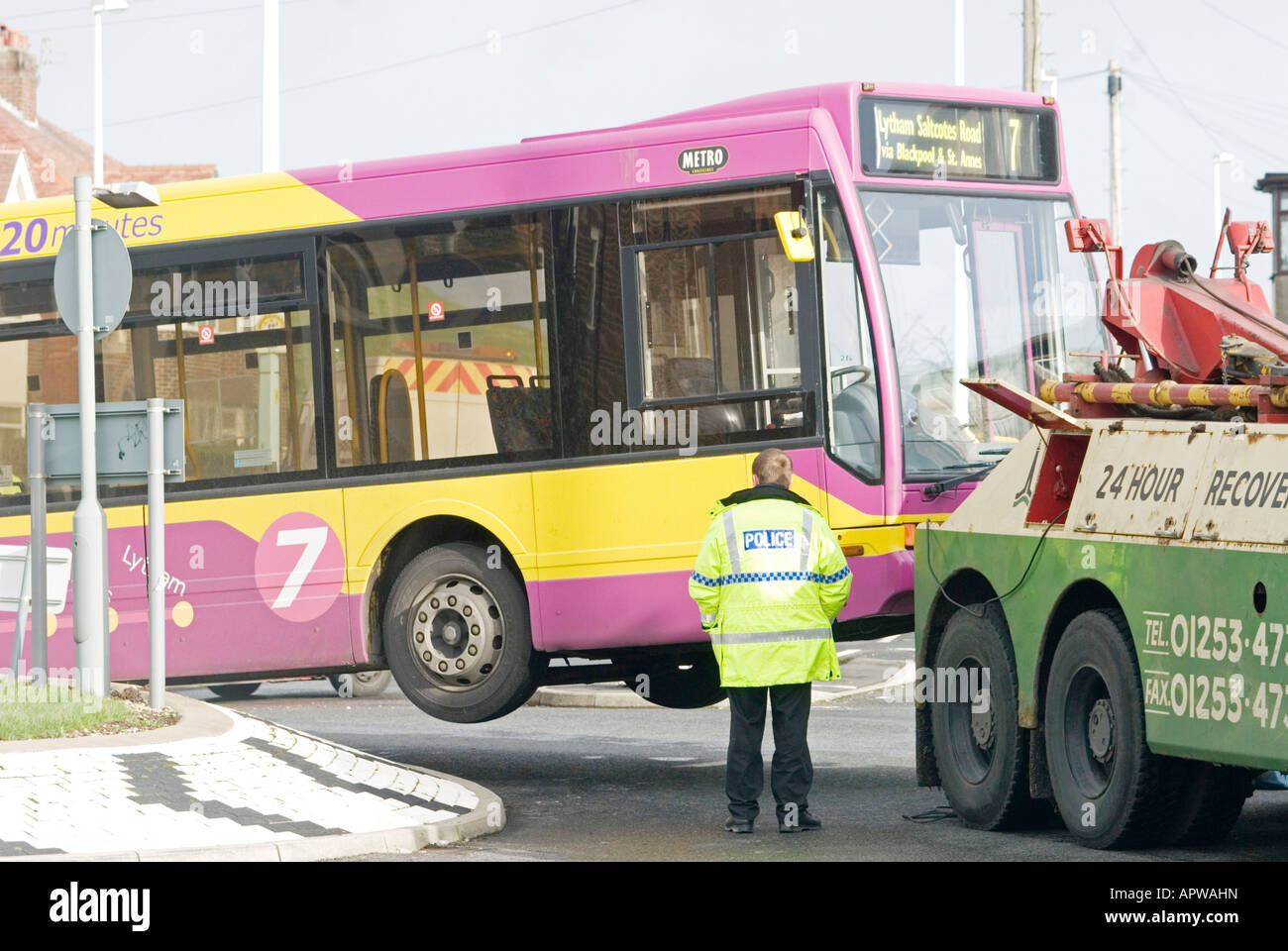 Bus stranded high and dry on a mini roundabout in Blackpool Stock Photo ...