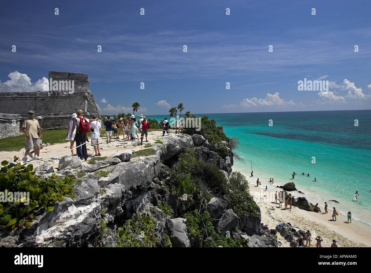 Tulum Mayan ruins beside white sand tropical beach Mexico Stock Photo ...