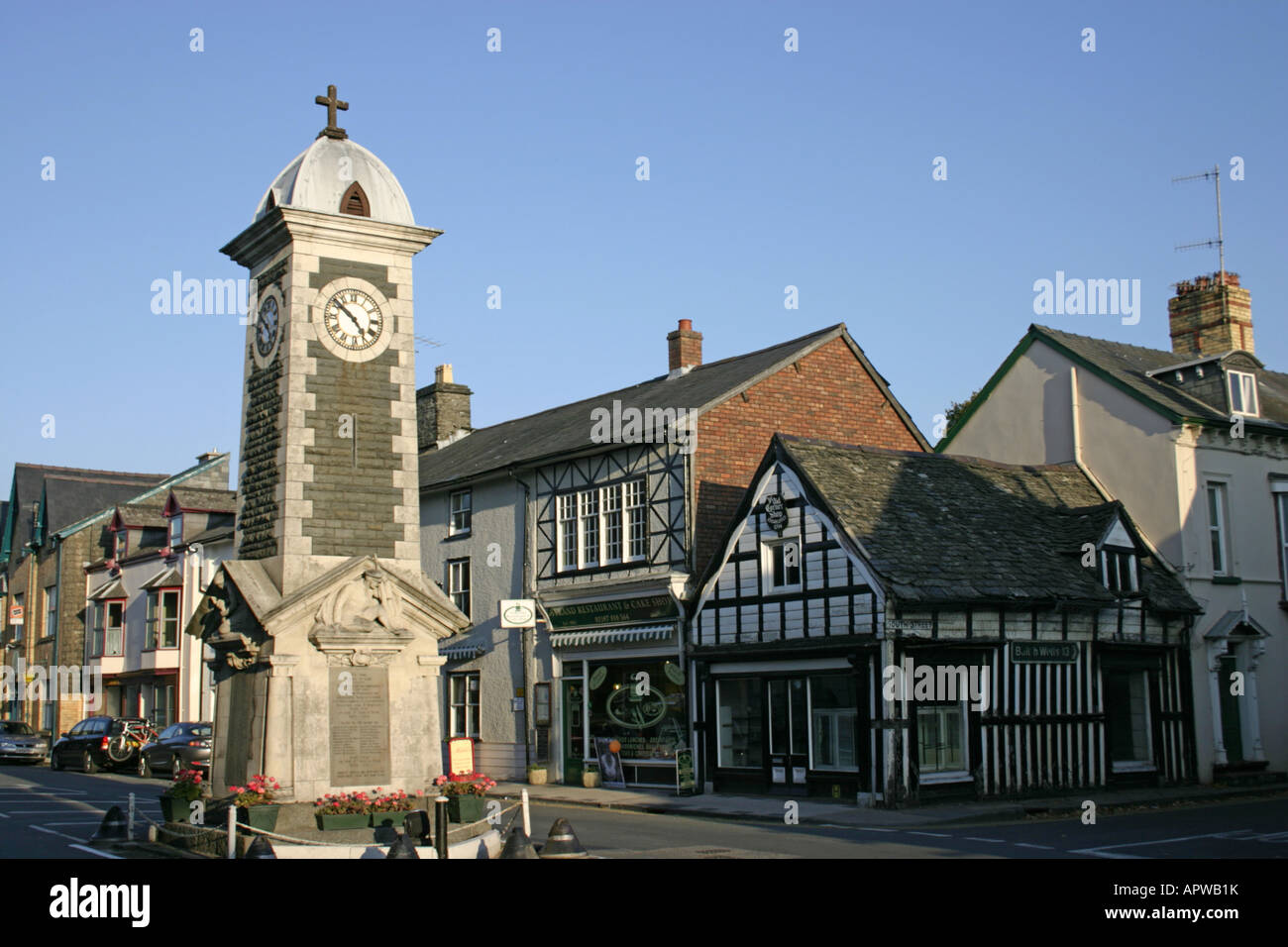 rhayader town clock timbered building high street a busy and historic ...