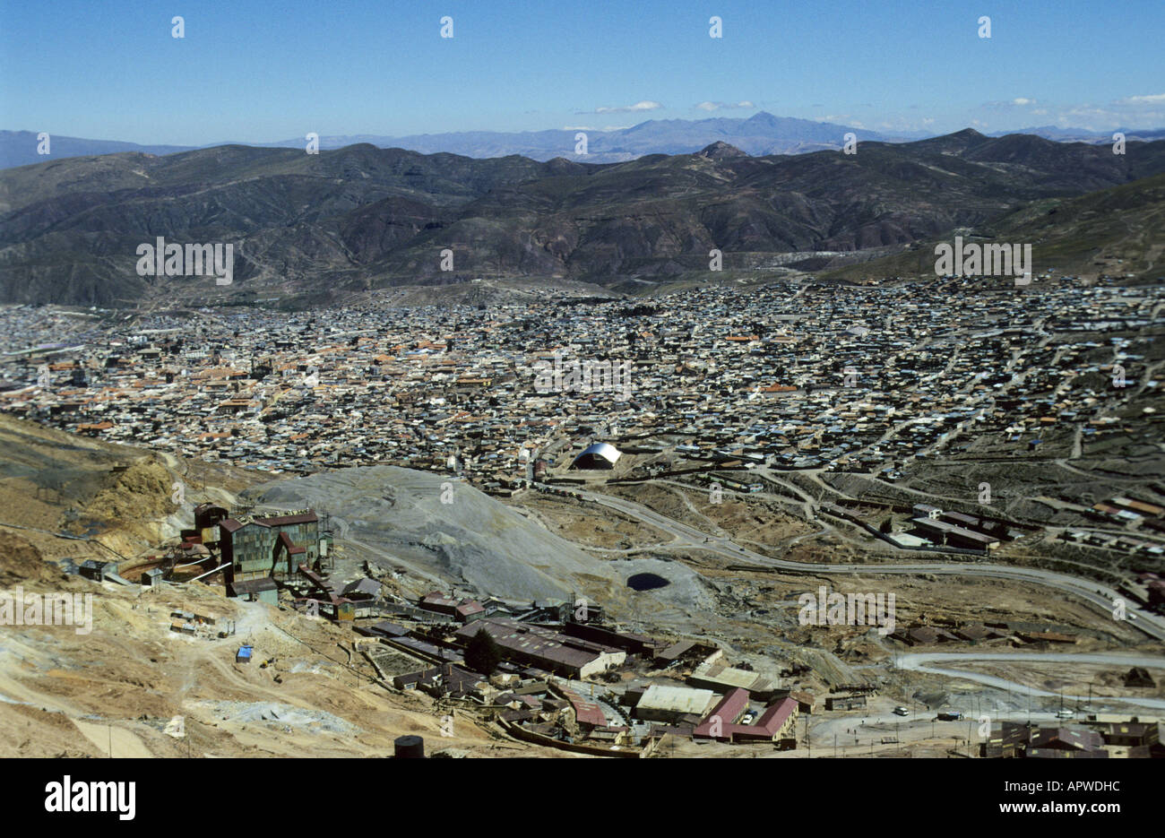 Overview of Potosi town, seen from the Cerro Rico. Mine on foreground ...