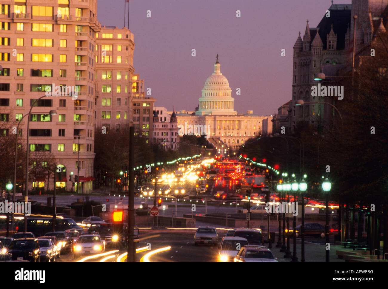 Washington DC Capitol Dome Pennsylvania Avenue at nighttime rush hour ...
