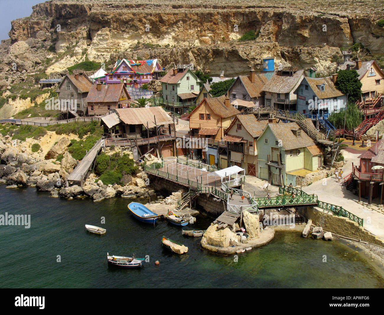 'Popeye Village' or ‘Sweethaven Village', Anchor Bay, Malta Stock Photo ...