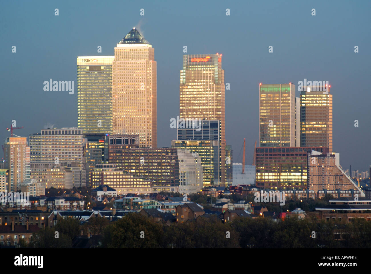 Canary Wharf skyline in London Docklands redevelopment area just after ...