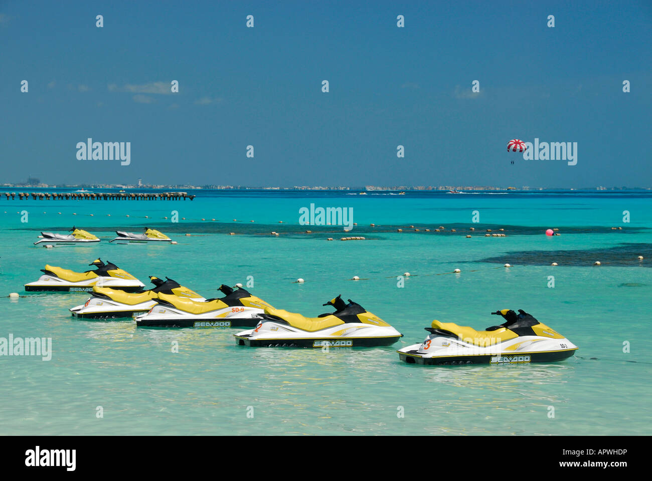 Bay with jetskis in Cancun hotel area, Quintana Roo State, Mexico ...