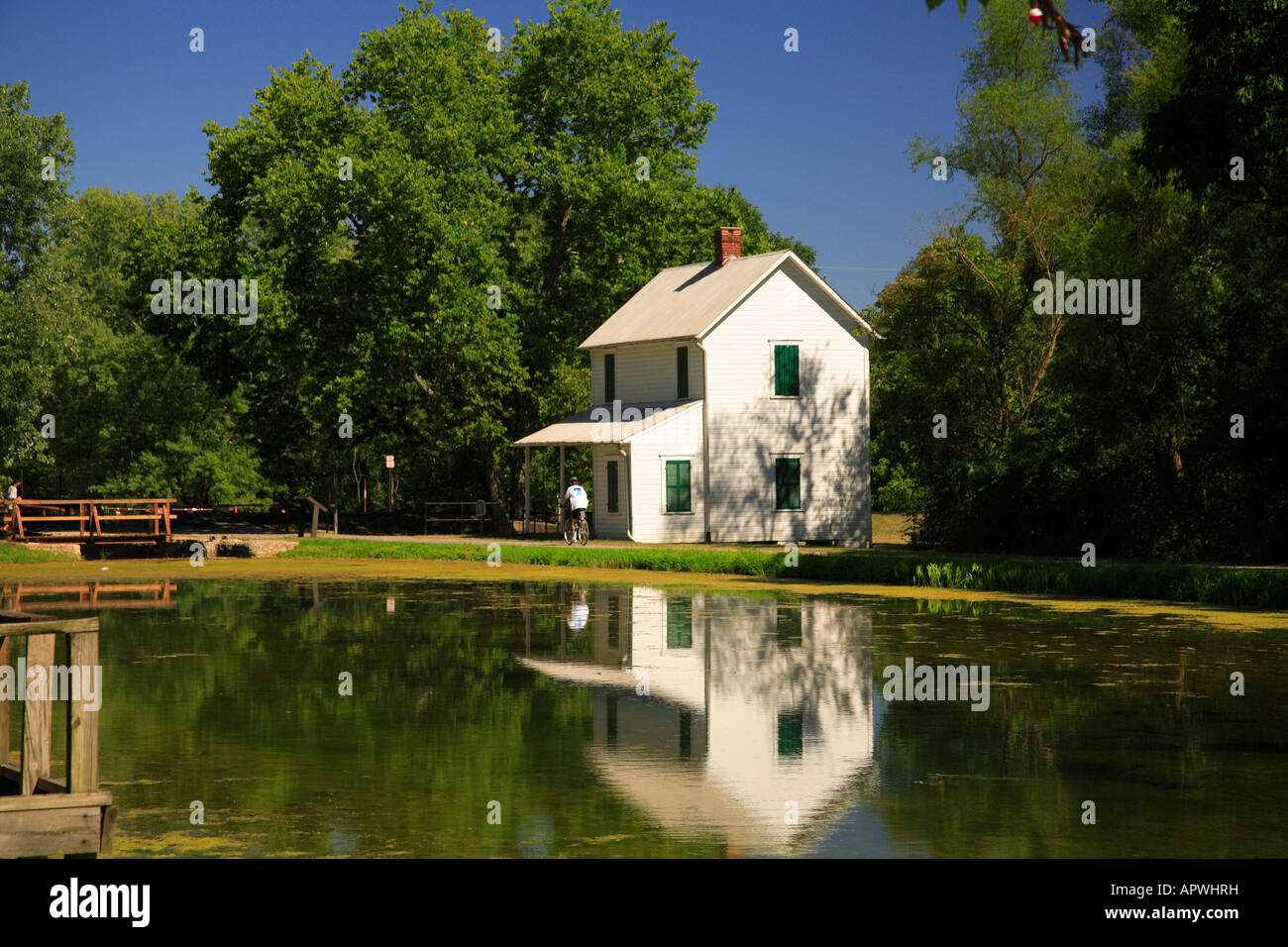 Biker, Canal and Lock House at Oldtown, C and O Canal National Historic ...