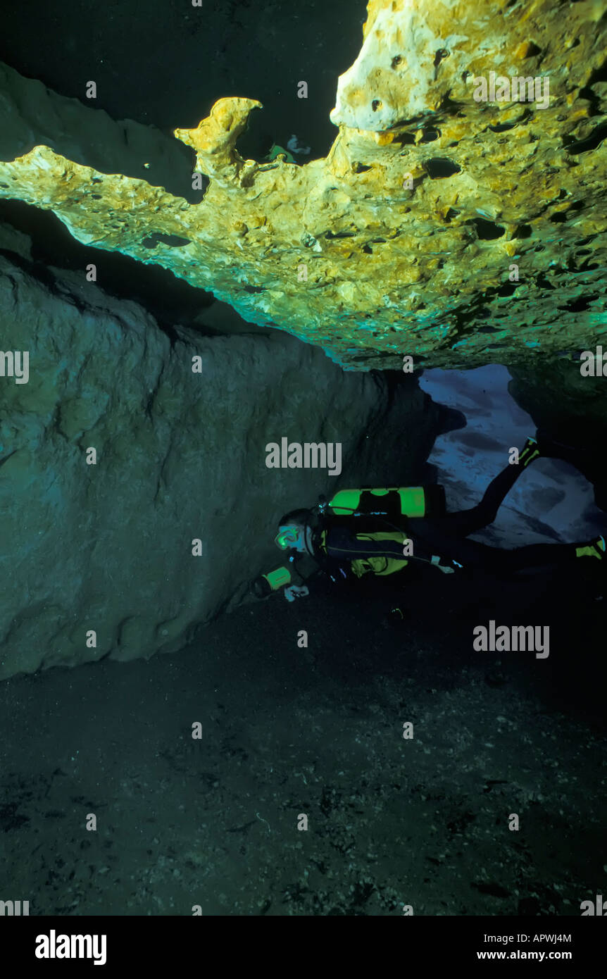 underwater diver explores cave tunnel dramatic Florida fresh water ...