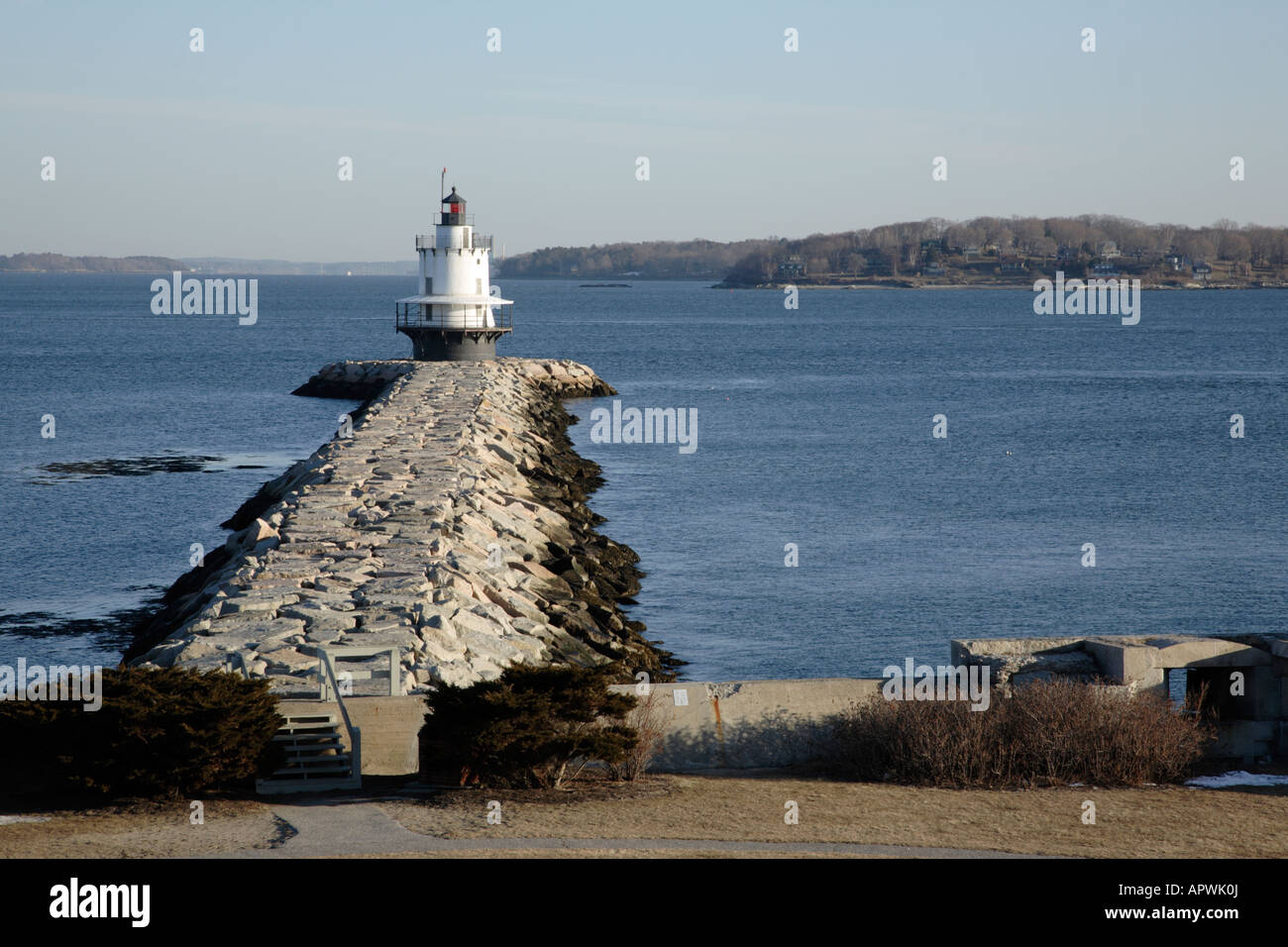 Spring Point Ledge Light at Fort Preble during the winter months ...