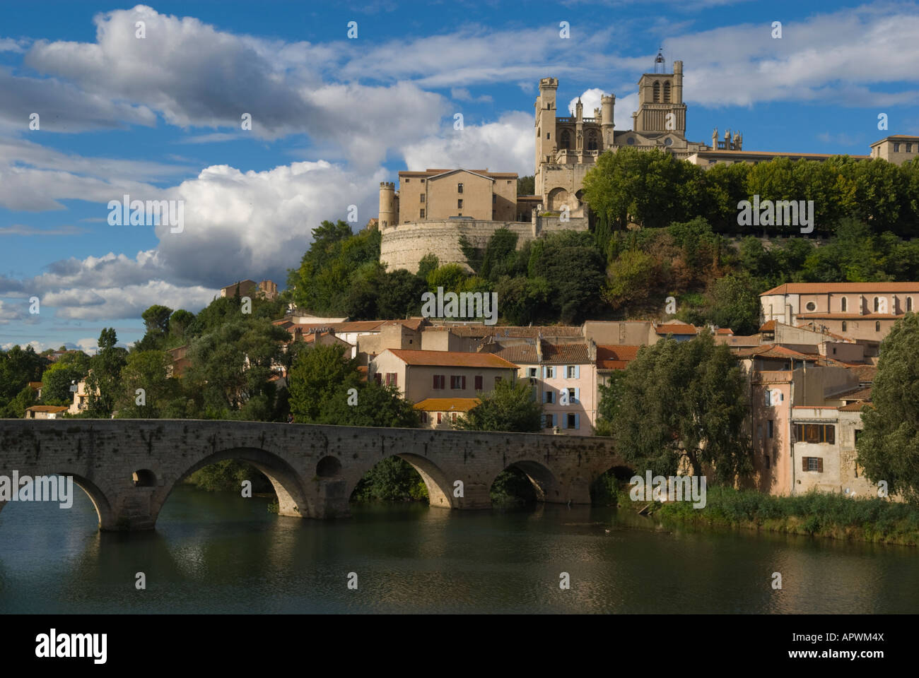 View of Medieval City of Beziers, France, the Pont Vieux and the River ...