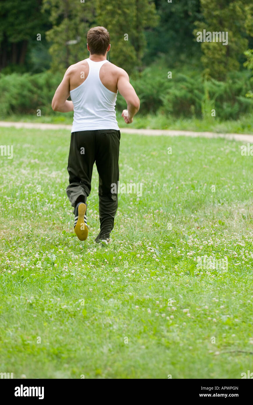 rear view of young man jogging through park Stock Photo - Alamy