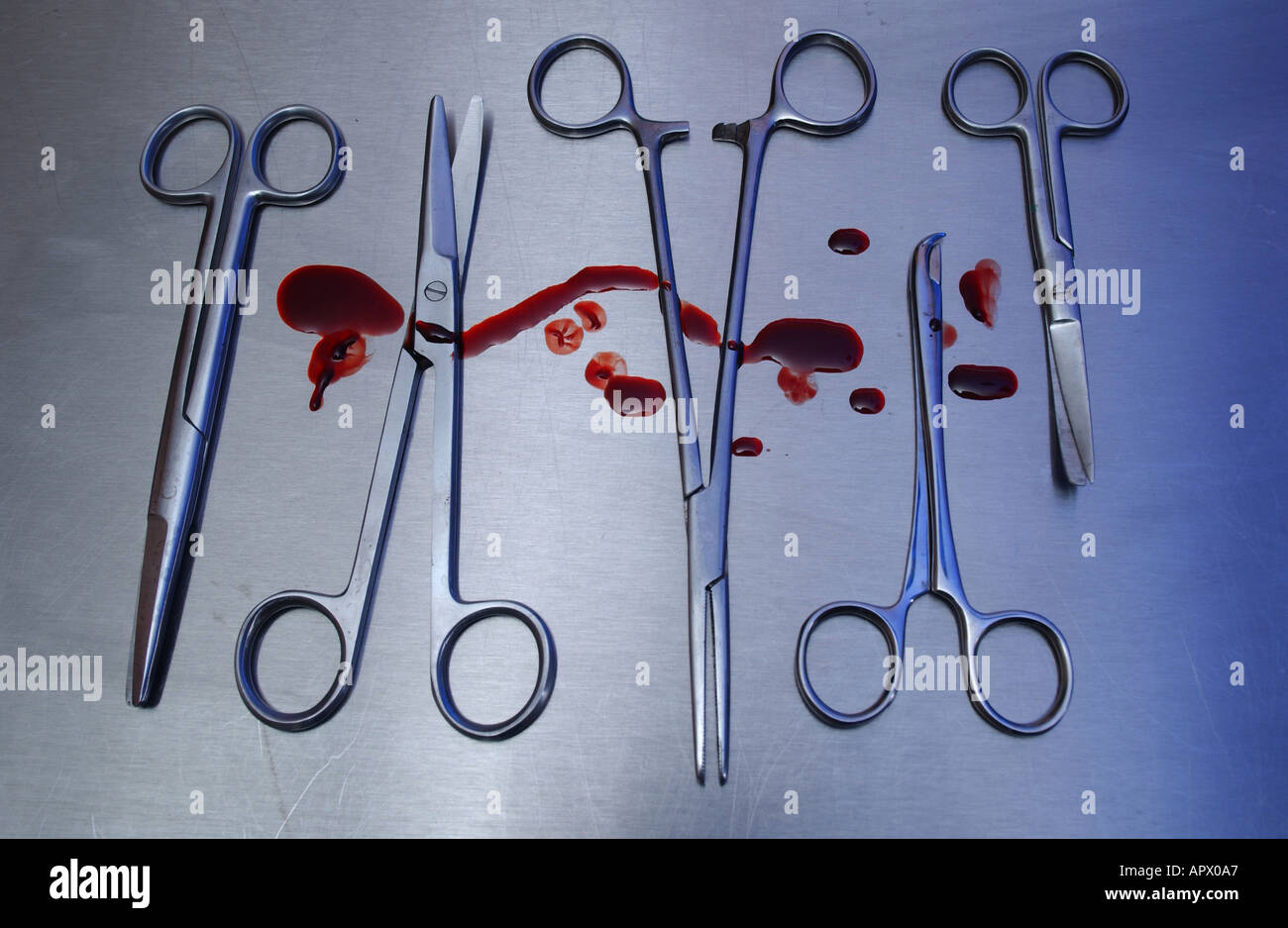 surgical instruments set for an operation with blood on them Stock ...